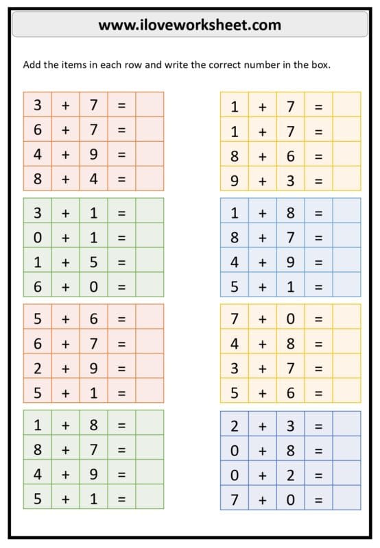 Kindergarten Addition Worksheet Free Printable PDF - I Love Worksheet