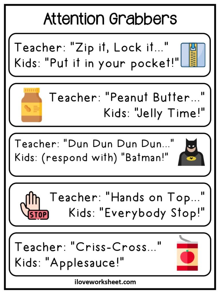 Kindergarten Classroom Attention Grabbers Free PDF - I Love Worksheet
