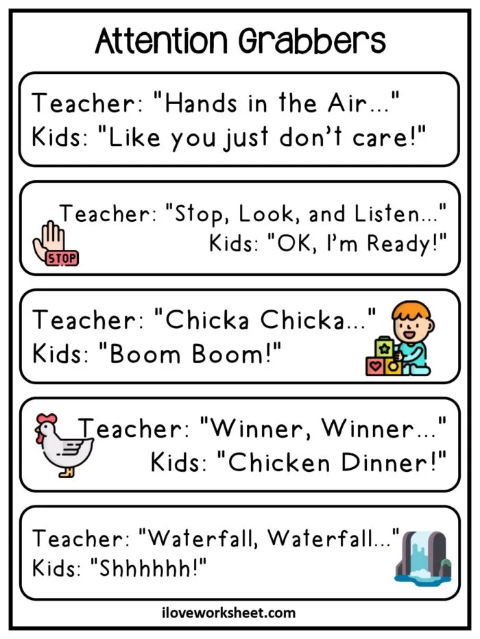 Kindergarten Classroom Attention Grabbers Free PDF - I Love Worksheet