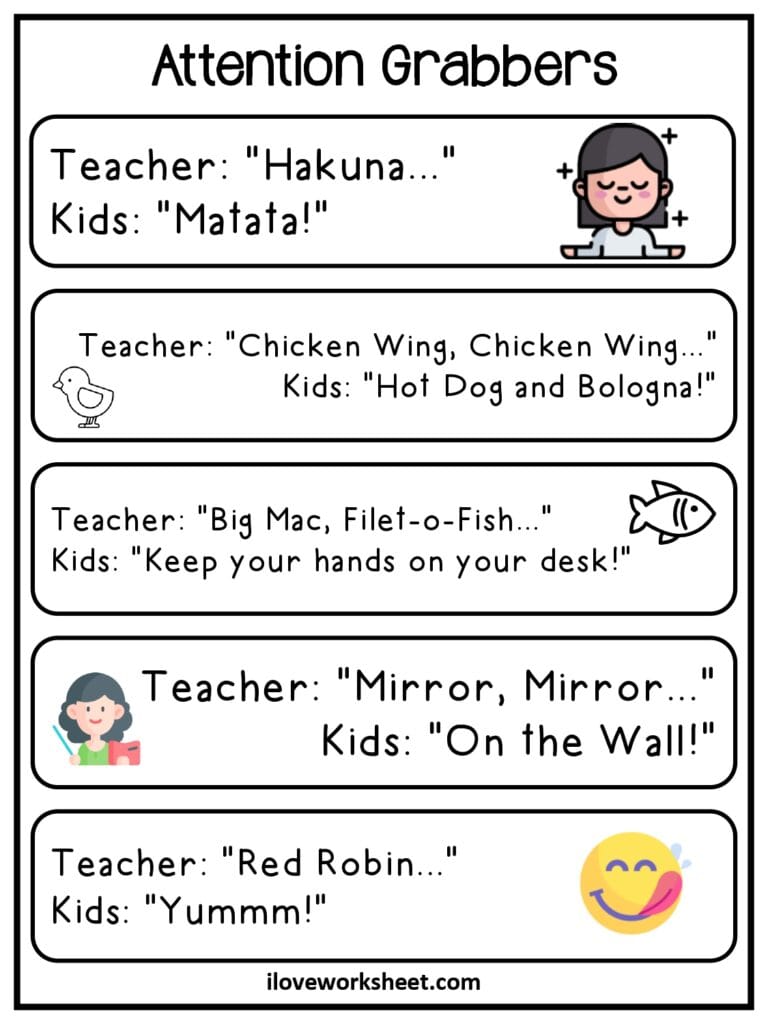 Kindergarten Classroom Attention Grabbers Free PDF - I Love Worksheet